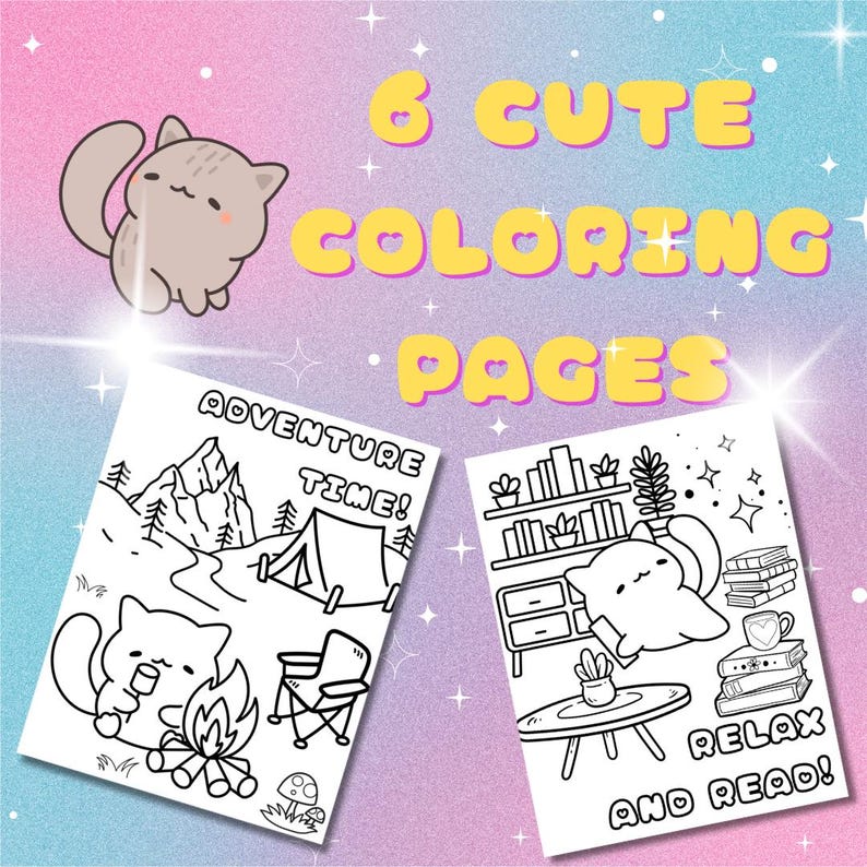 Cute Kawaii Cat Coloring Pages - 6 Printable Digital Downloads for Kids ...