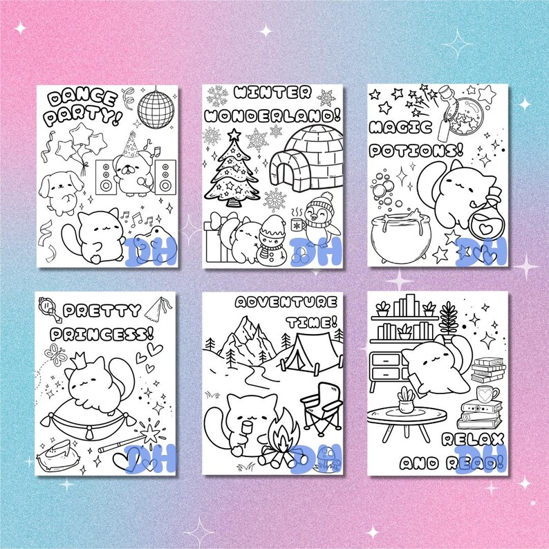 Cute Kawaii Cat Coloring Pages - 6 Printable Digital Downloads for Kids ...