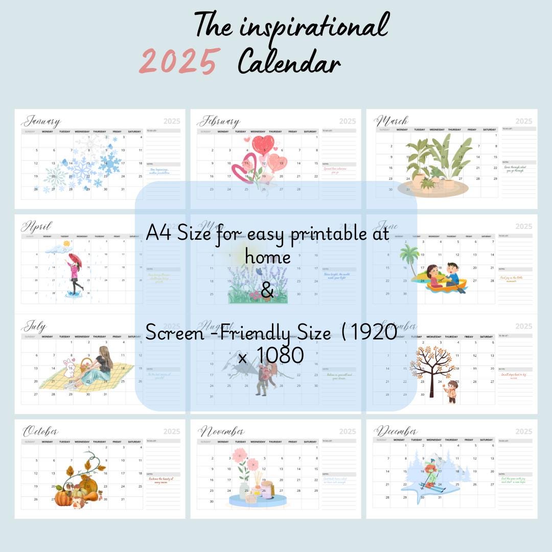 2025 Calendar Printable With Inspirational Graphics and Reminder ...
