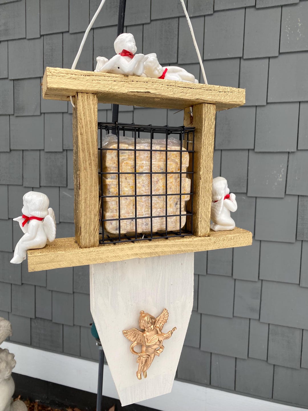 Handcrafted Cedar Cherub Suet Feeder: Vintage Angel Adornment Bird ...