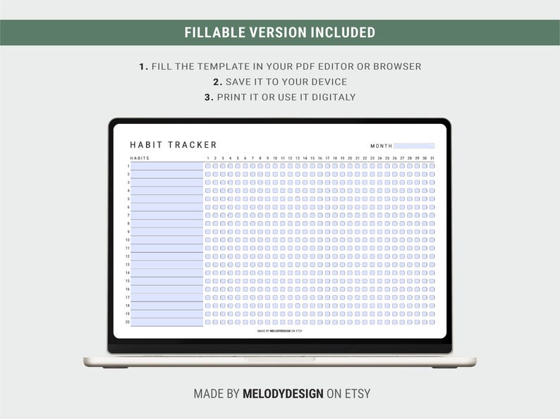 Monthly Habit Tracker Printable Landscape, Habit Tracker Template ...