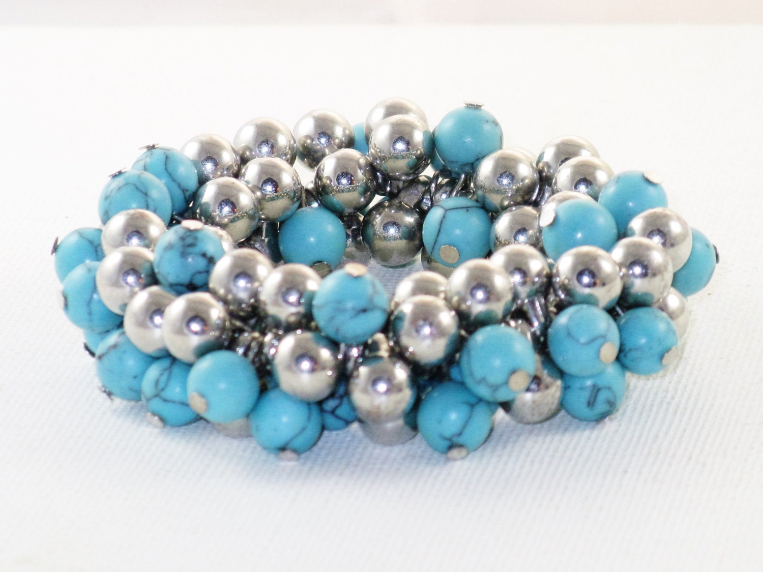 Vintage Silver Tone and Turquoise Beaded Cha Cha Stretch Bracelet BR-2 ...
