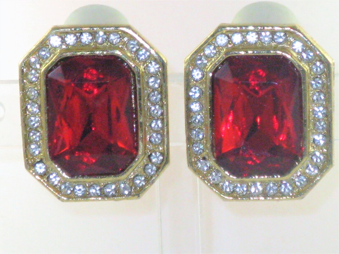 Vintage Red and Clear Rhinestone Gold Tone Clip Earrings (E-1-1) - Etsy