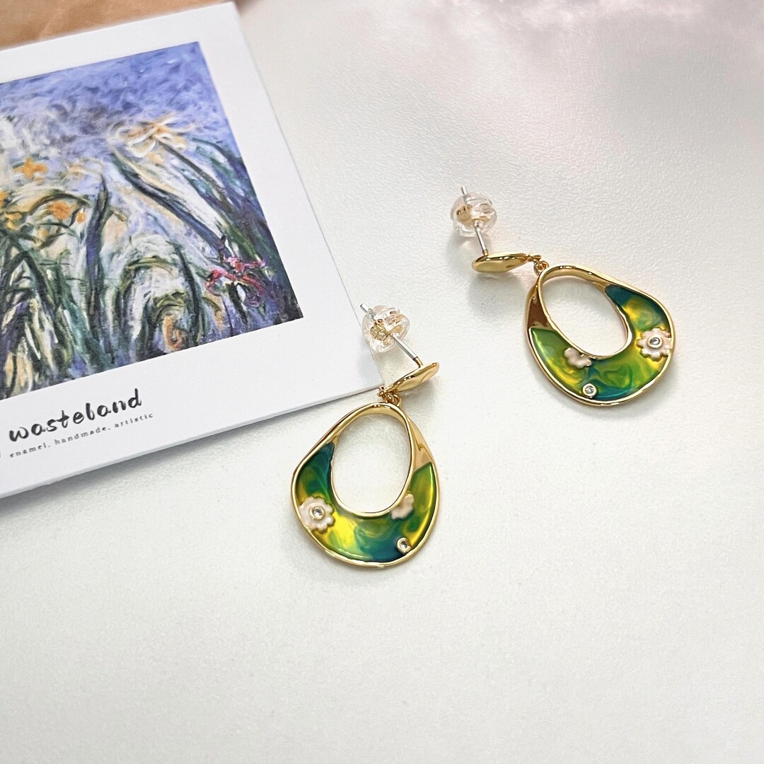 Water Lily Earrings, Inspired by Monet, Vintage Chinese Cloisonne ...
