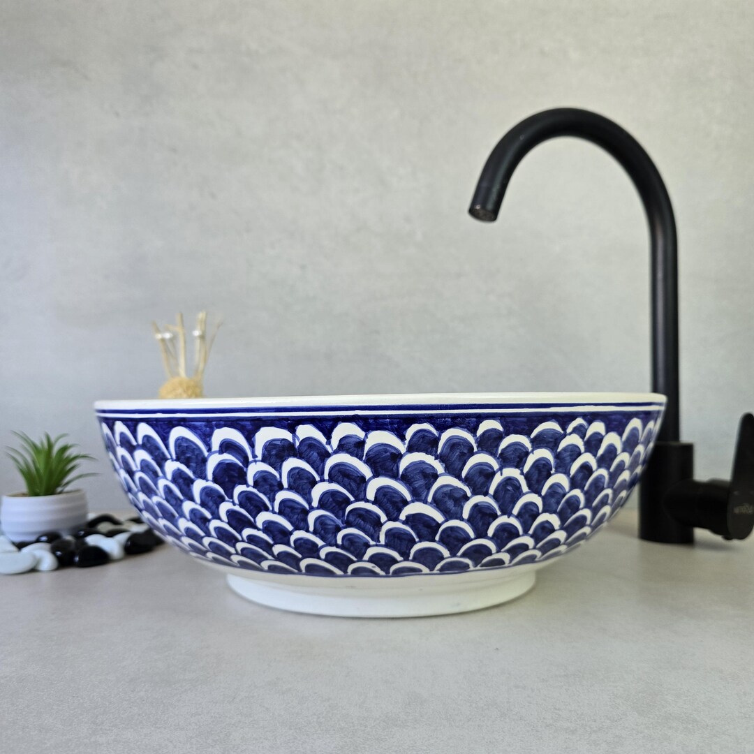 Blue Fish Scale Pattern Sink - Moroccan Handmade Ceramic Sink ...