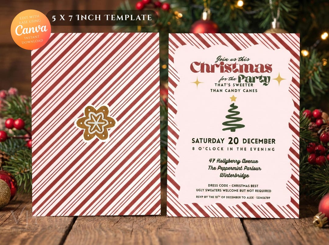Retro Christmas Candy Cane Themed Party Invitation | Editable 5x7 ...