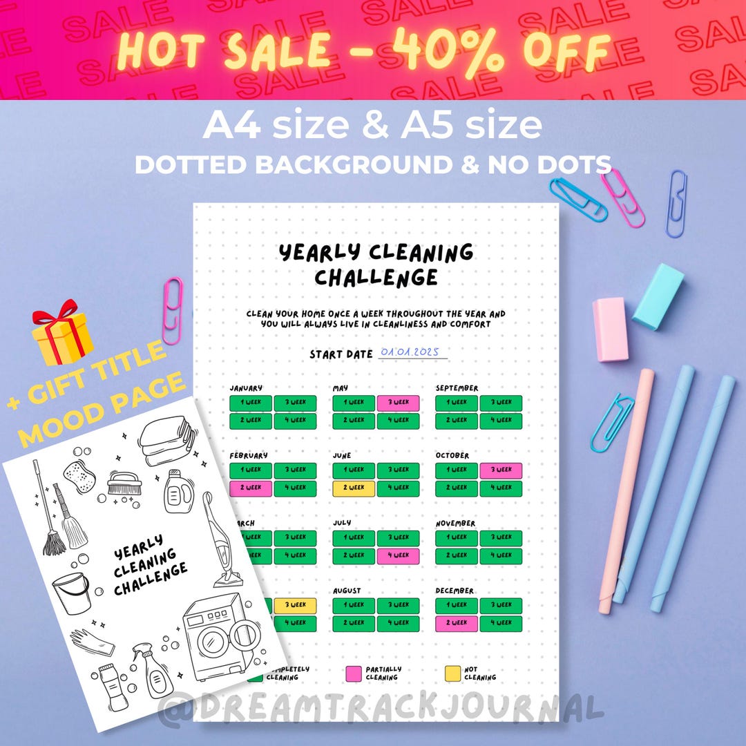 Yearly Cleaning Challenge Tracker - PRINTABLE Journal Page Cleaning ...