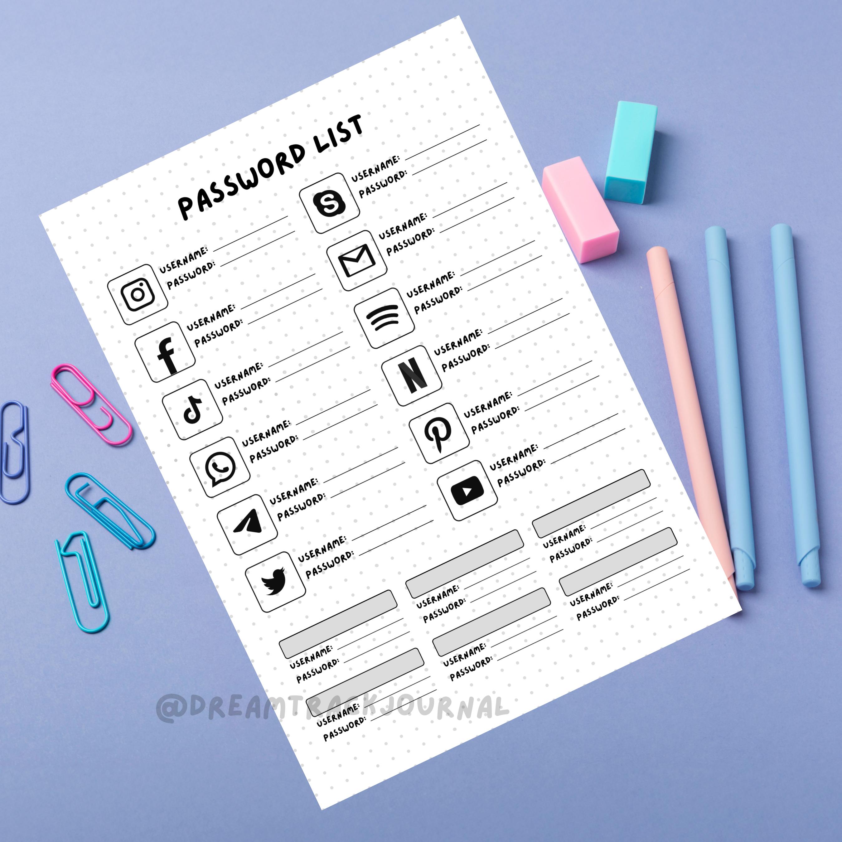 Password Tracker PRINTABLE Journal Page Password Log Password Organizer ...
