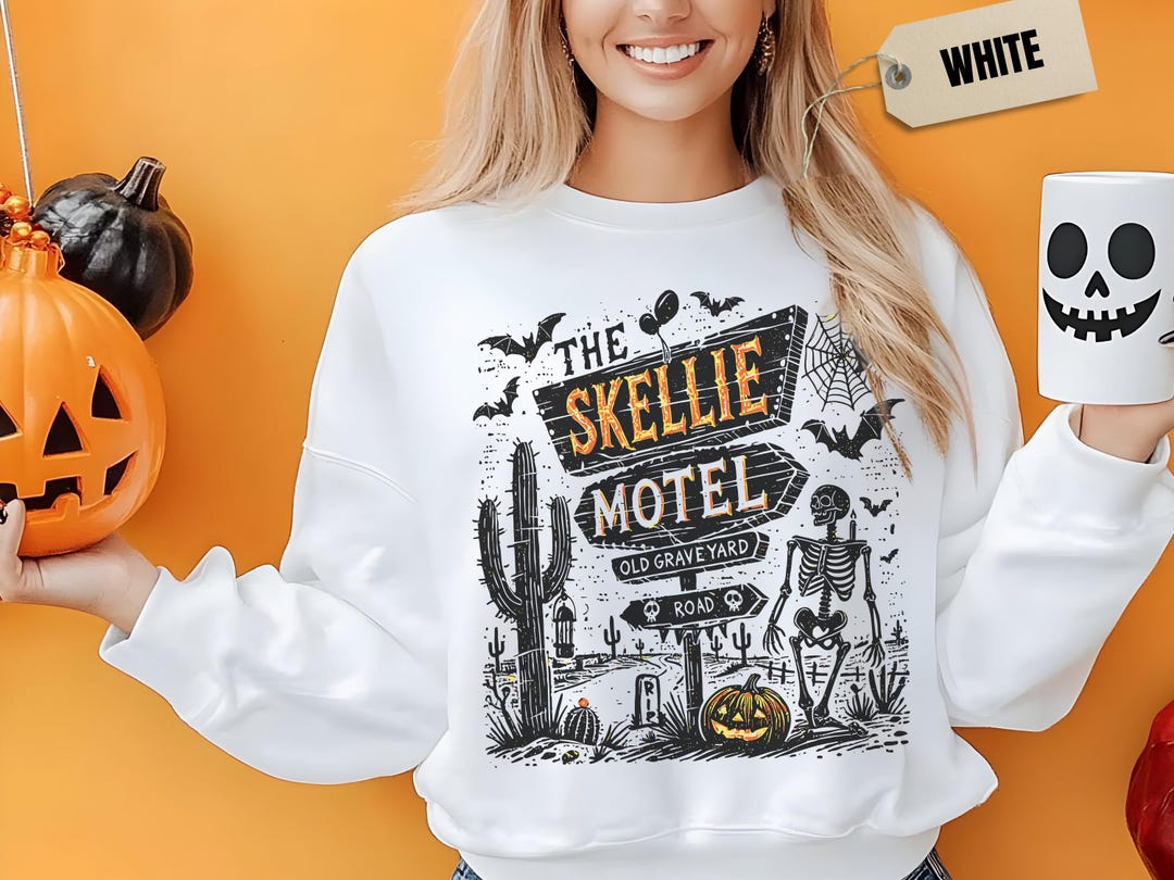 Skellie Motel Halloween Sweatshirts & Hoodie: Funny Skeleton Crewneck ...