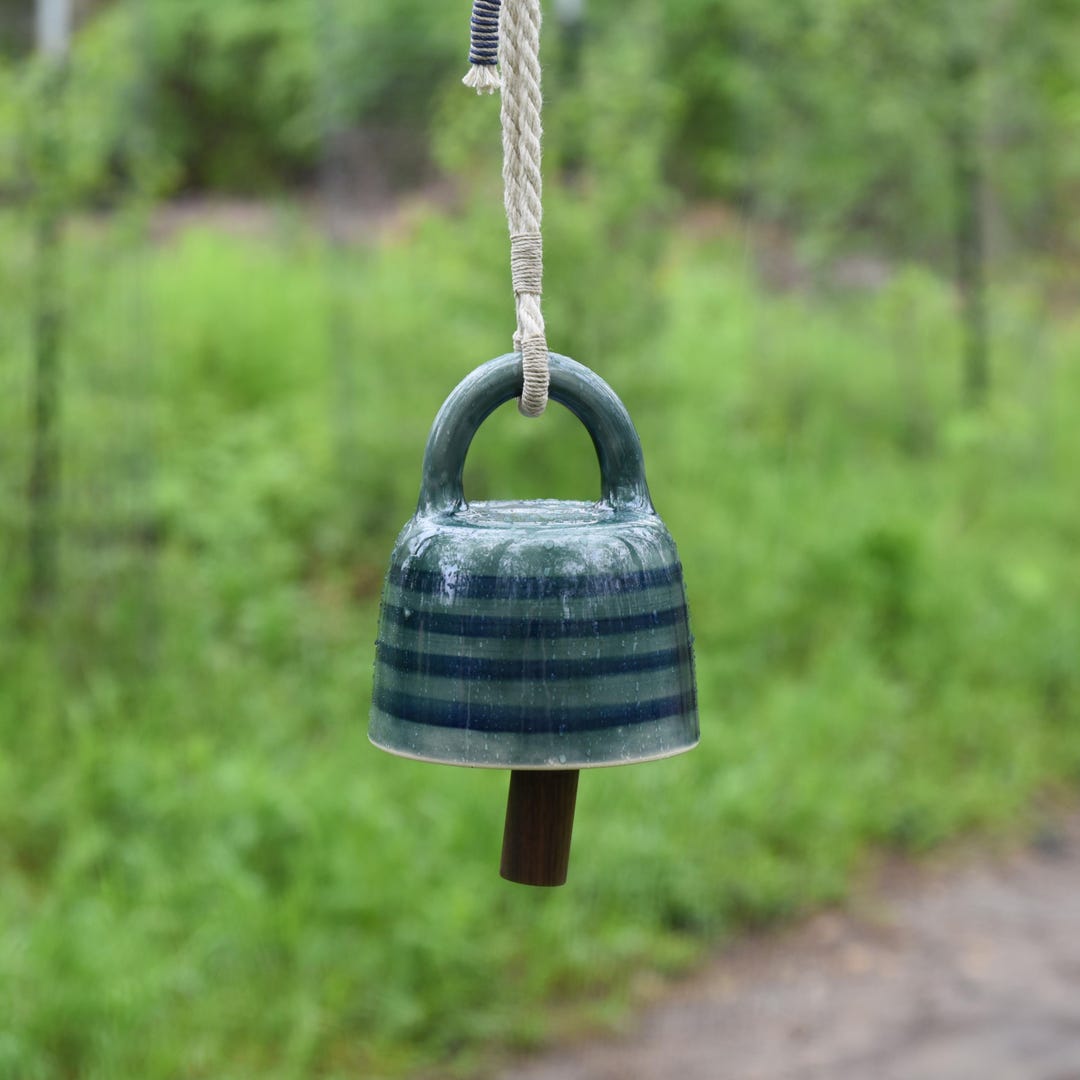 Hand-thrown Ceramic Bell – Celadon Glaze, Blue Stripes, Hemp Rope - Etsy
