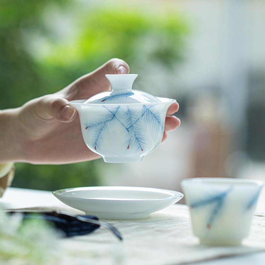 Ice Jade Porcelain Gaiwan and Two Teacups Set – Premium White Porcelain ...