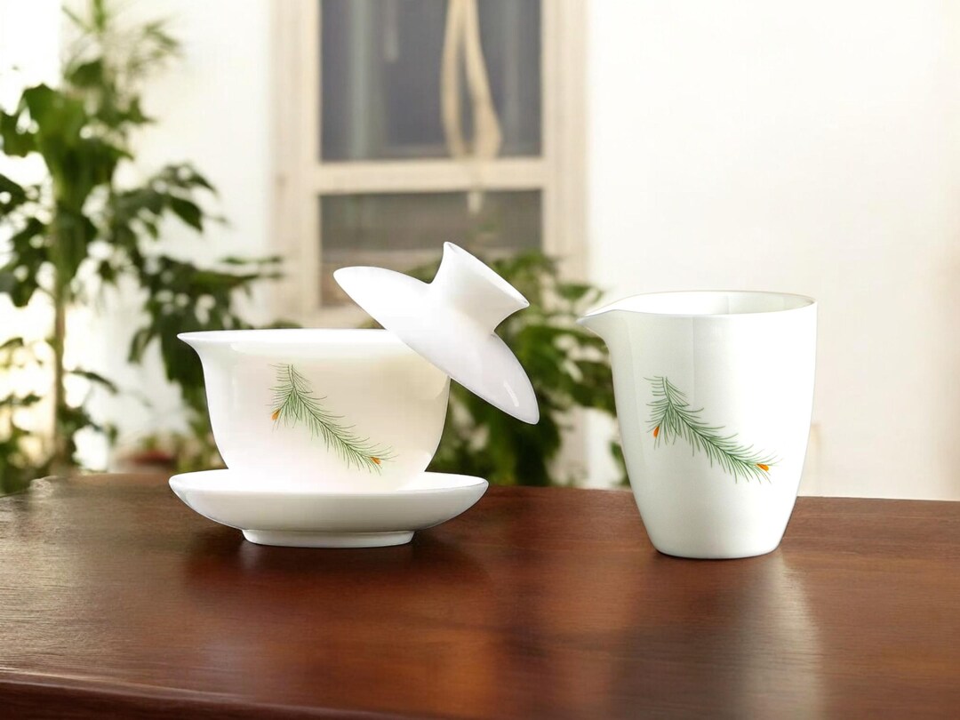 Mutton Fat Jade Porcelain Tea Set With Pine Tree Design or Solid Color ...