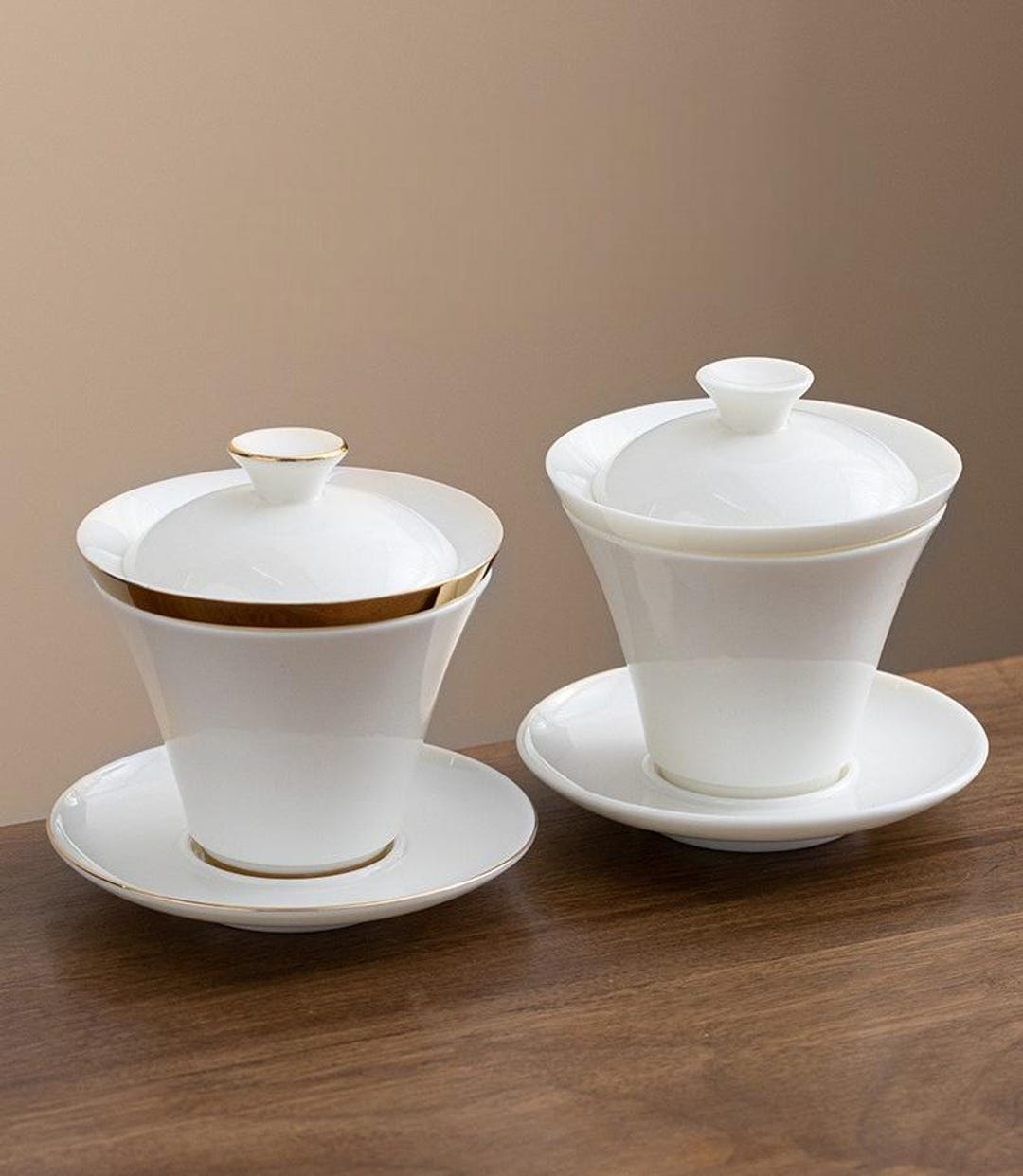 Innovative Gaiwan With Filter - Mutton Fat Jade Porcelain With Gold Rim, 165ml + 2 Free Tea Cups ...