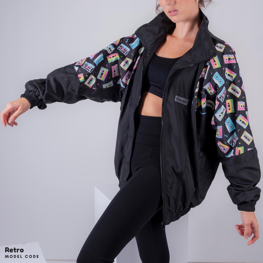 90s Retro Pattern Bomber Jacket Unisex Black Windbreaker - Etsy