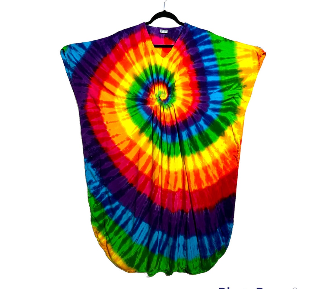 Tie Dye Caftan Maxi Dress Women's Rainbow Pinwheel Spiral Swirl Kaftan ...