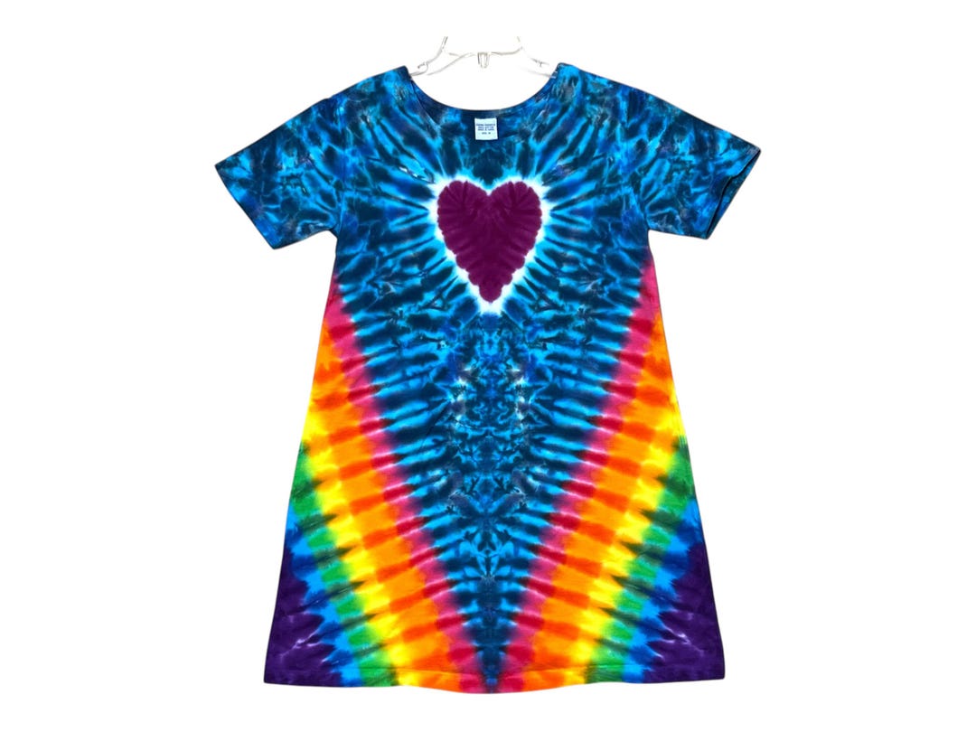 TIE DYE Dress Pinwheel Rainbow Heart Girl's Short Sleeve Dress Hippie ...