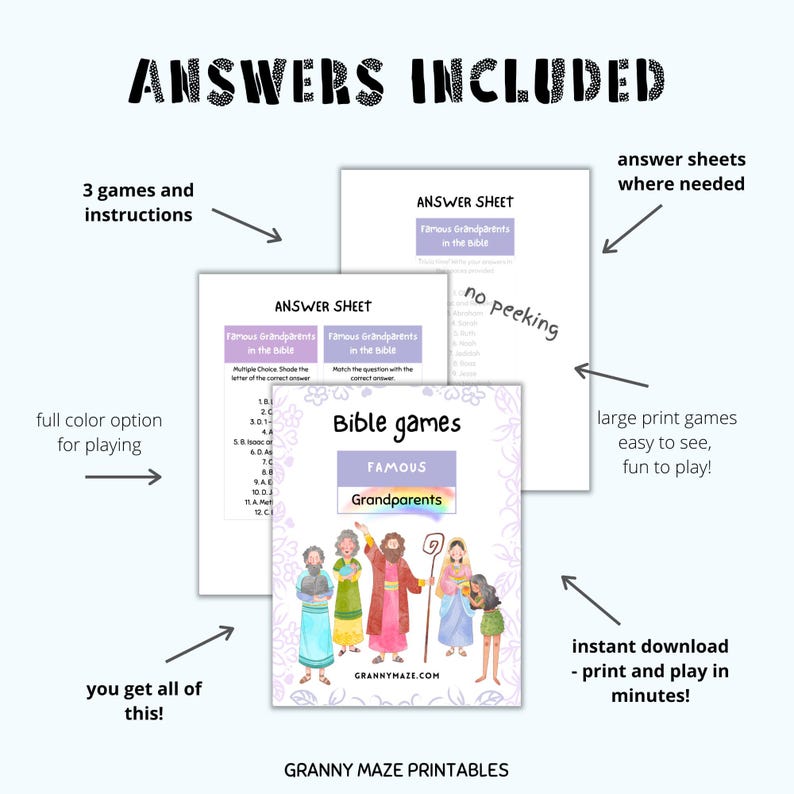 Bible Trivia Game Bundle, Bible Characters, Large Print Senior Activity ...