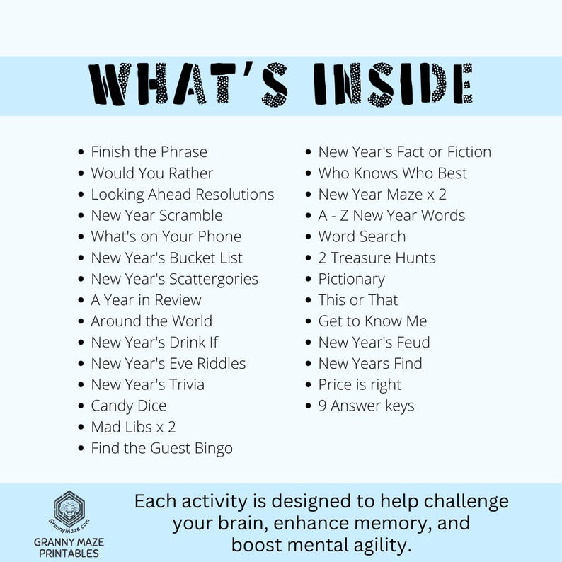 New Year’s Eve Games Bundle, 30 Printable Party Activities, Large Print ...