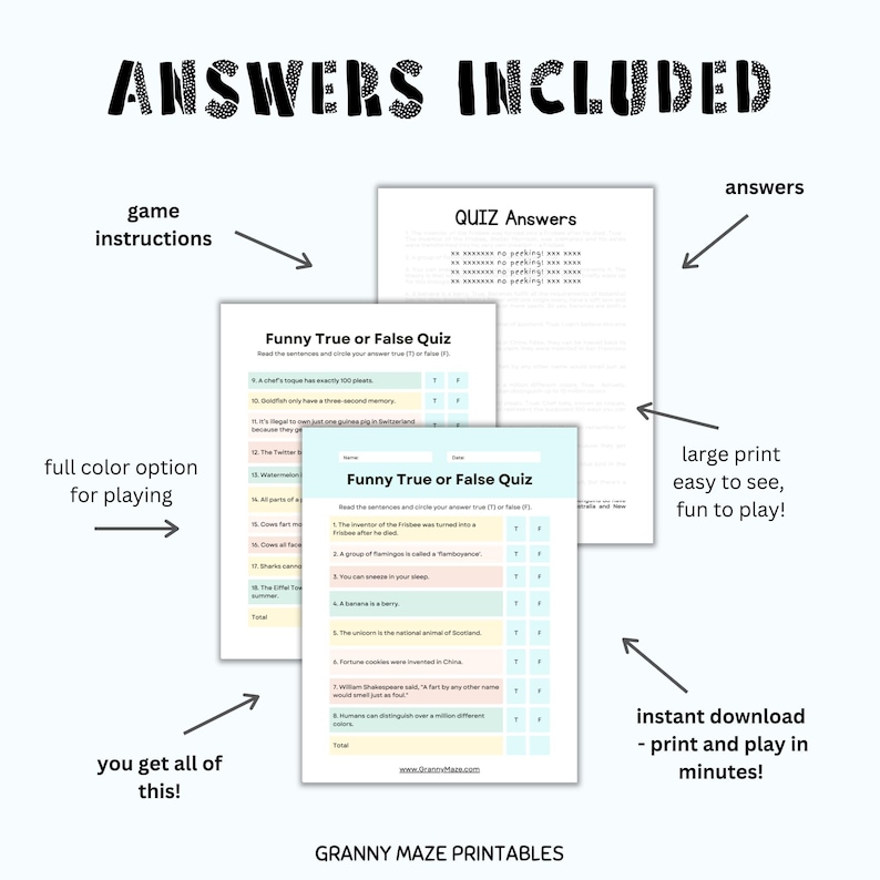 Funny True or False Trivia Game, Large Print Senior Activity, Printable ...