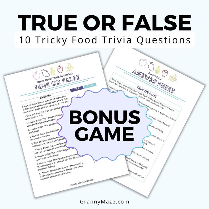 Food Trivia Quiz – Printable Multiple-choice Game, Large Print PDF for ...