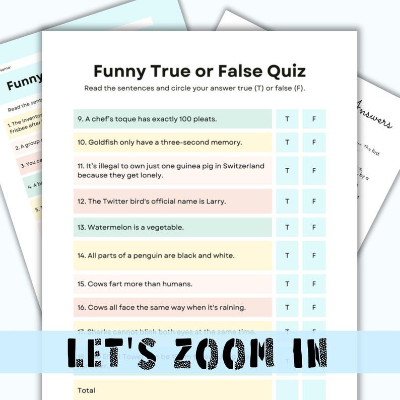 Funny True or False Trivia Game, Large Print Senior Activity, Printable ...