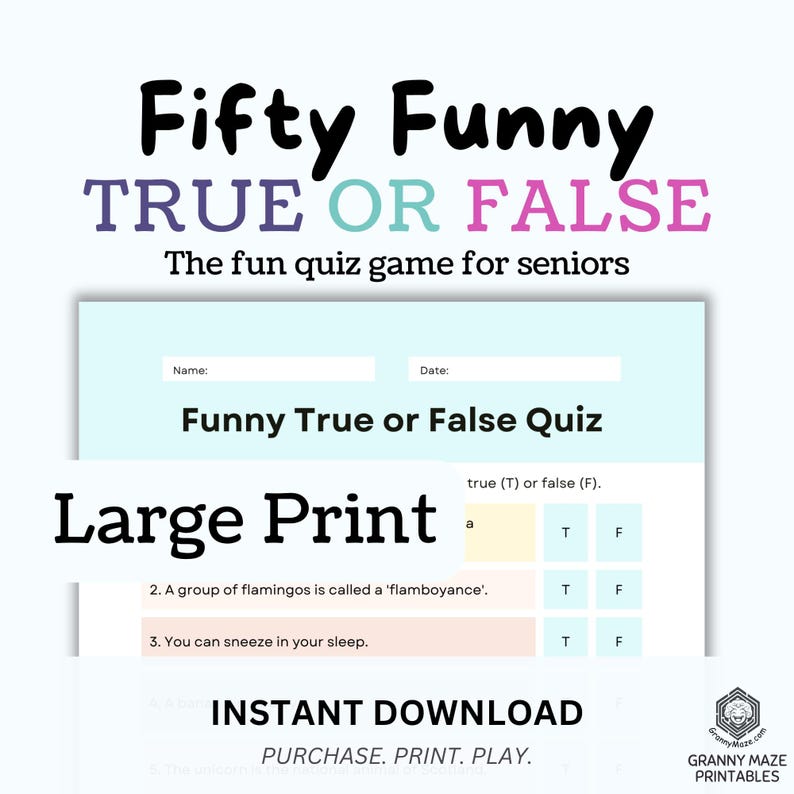 Funny True or False Trivia Game, Large Print Senior Activity, Printable ...