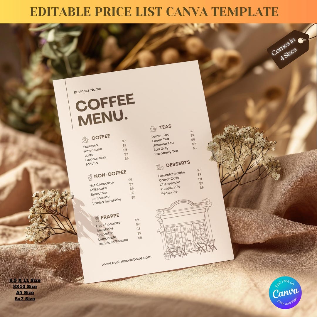 Coffee Shop Menu Template Editable Canva Cafe Price List & Printable ...