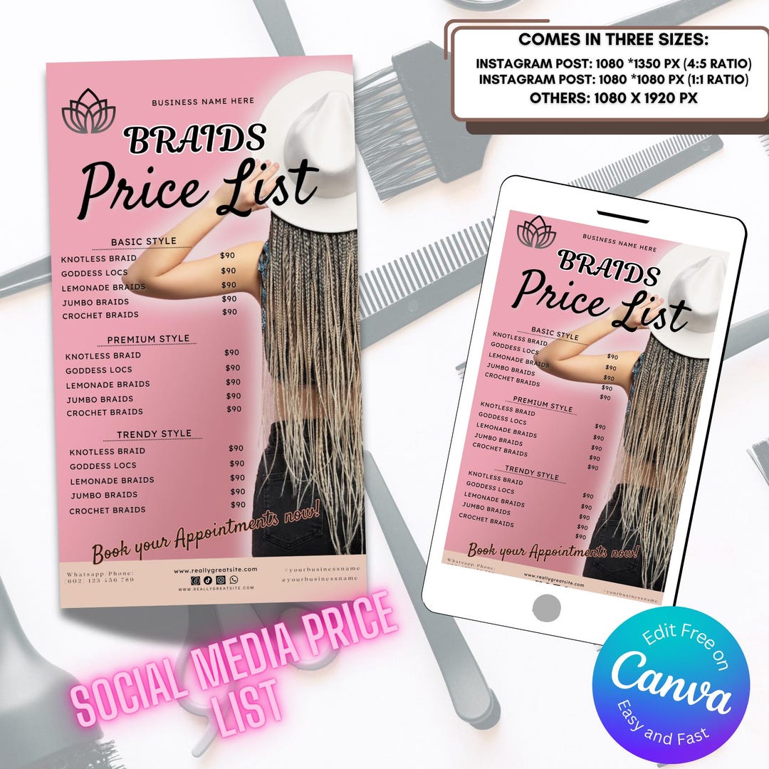 Braids Price List Template for Business, Braids Flyer Instagram DIY ...
