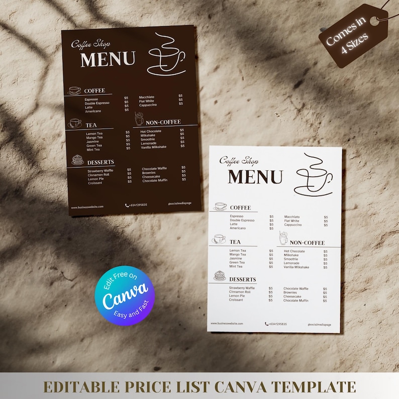 Editable Coffee Menu Café Price List Template Digital Download for ...