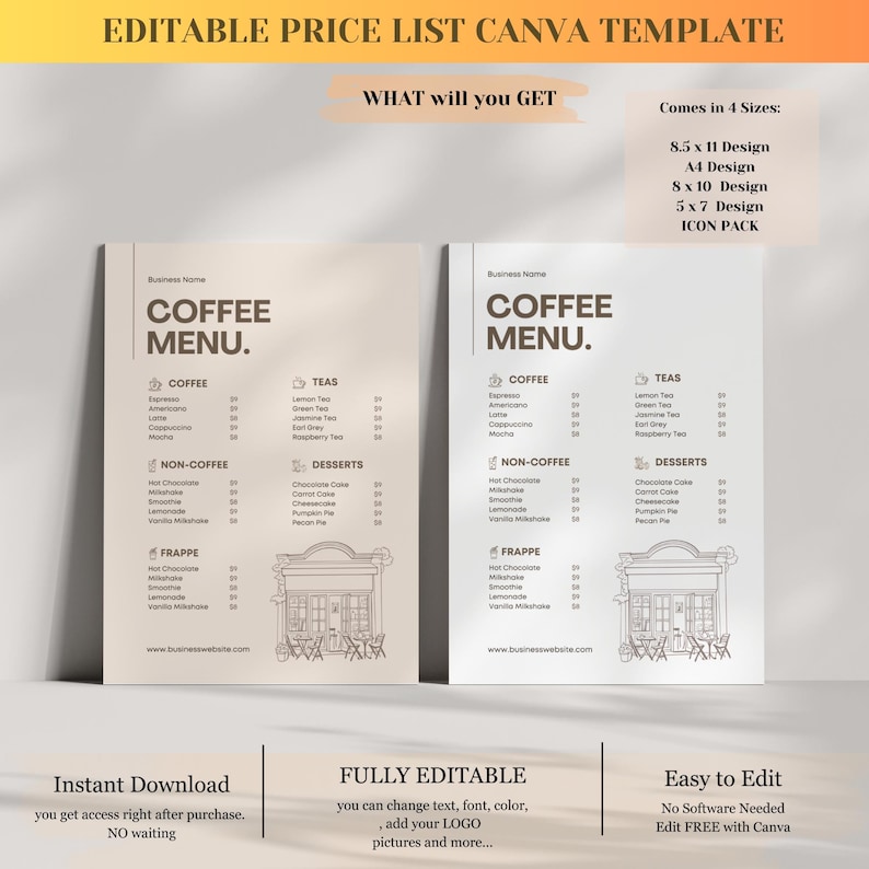 Editable Coffee Shop Menu Template, Modern Price List (digital Download ...