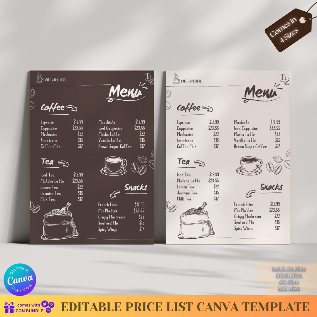 Editable Coffee Shop Menu Canva Template Modern Cafe Price List ...
