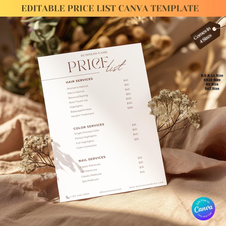 Editable Hair Salon Price List Template: Minimalist Design (canva ...