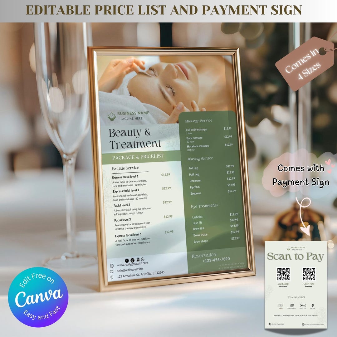 Green Spa Price List Template | Scan to Pay, Beauty Salon Pricing Guide ...