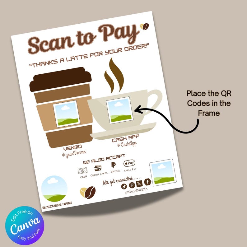 Coffee Shop QR Payment Sign Scan to Pay Template Editable Payment ...