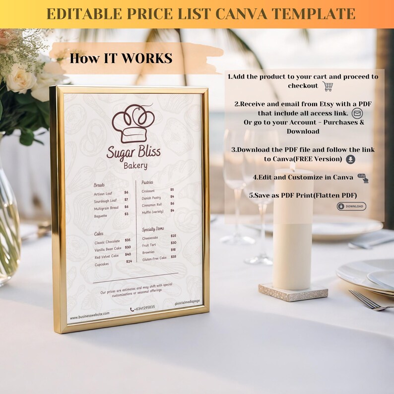 Editable Bakery Menu & Cake Price List Printable Cafe Dessert Pricelist ...