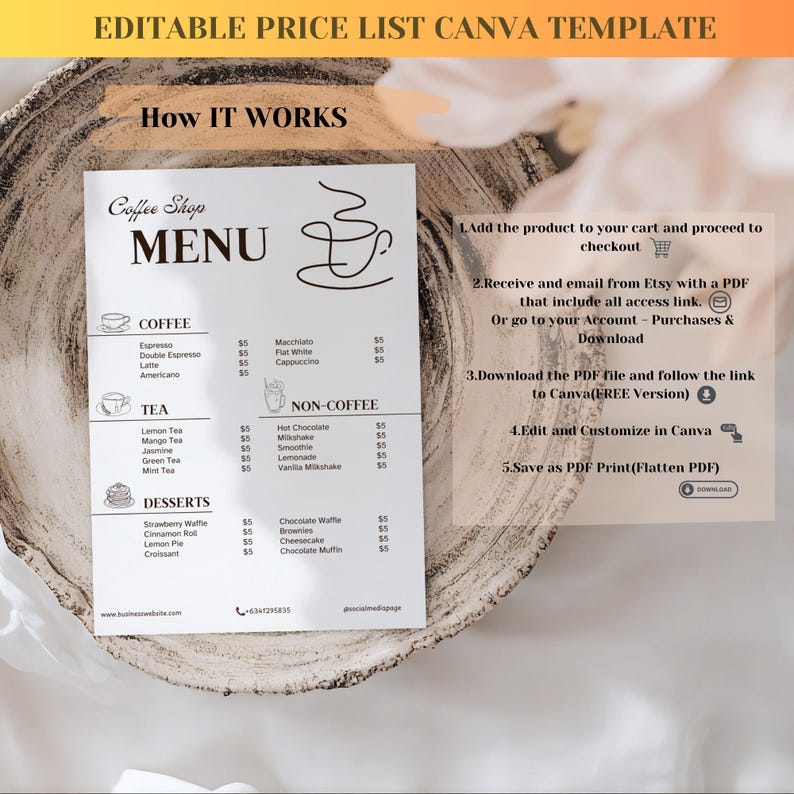 Editable Coffee Menu Café Price List Template Digital Download for ...