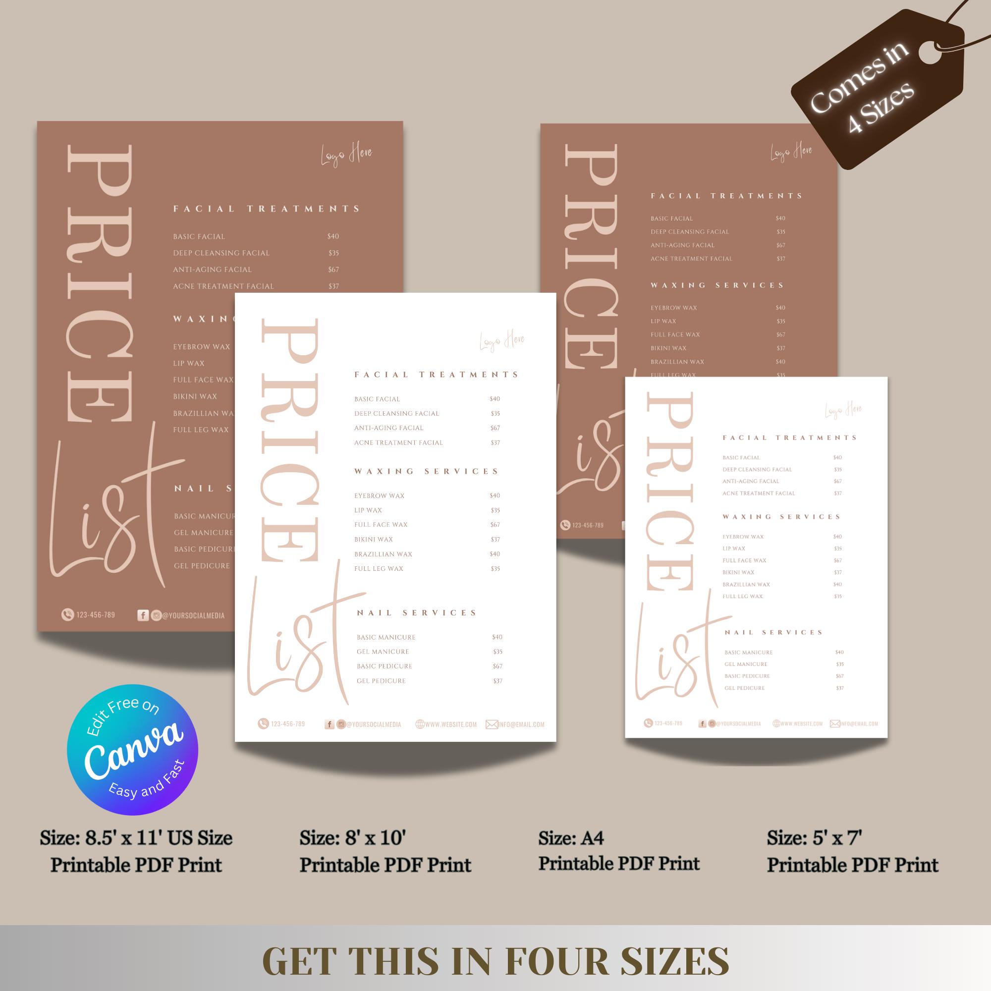 Minimalist Beauty Salon Price List Template: Editable Service Menu ...