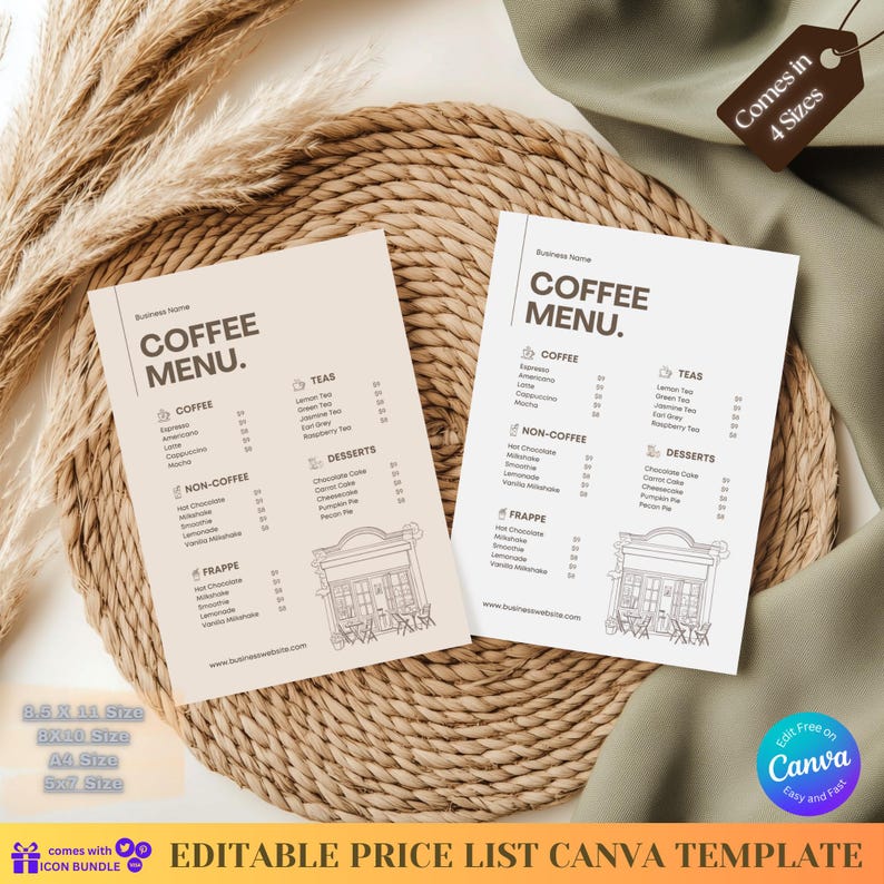 Coffee Shop Menu Template Editable Canva Cafe Price List & Printable ...