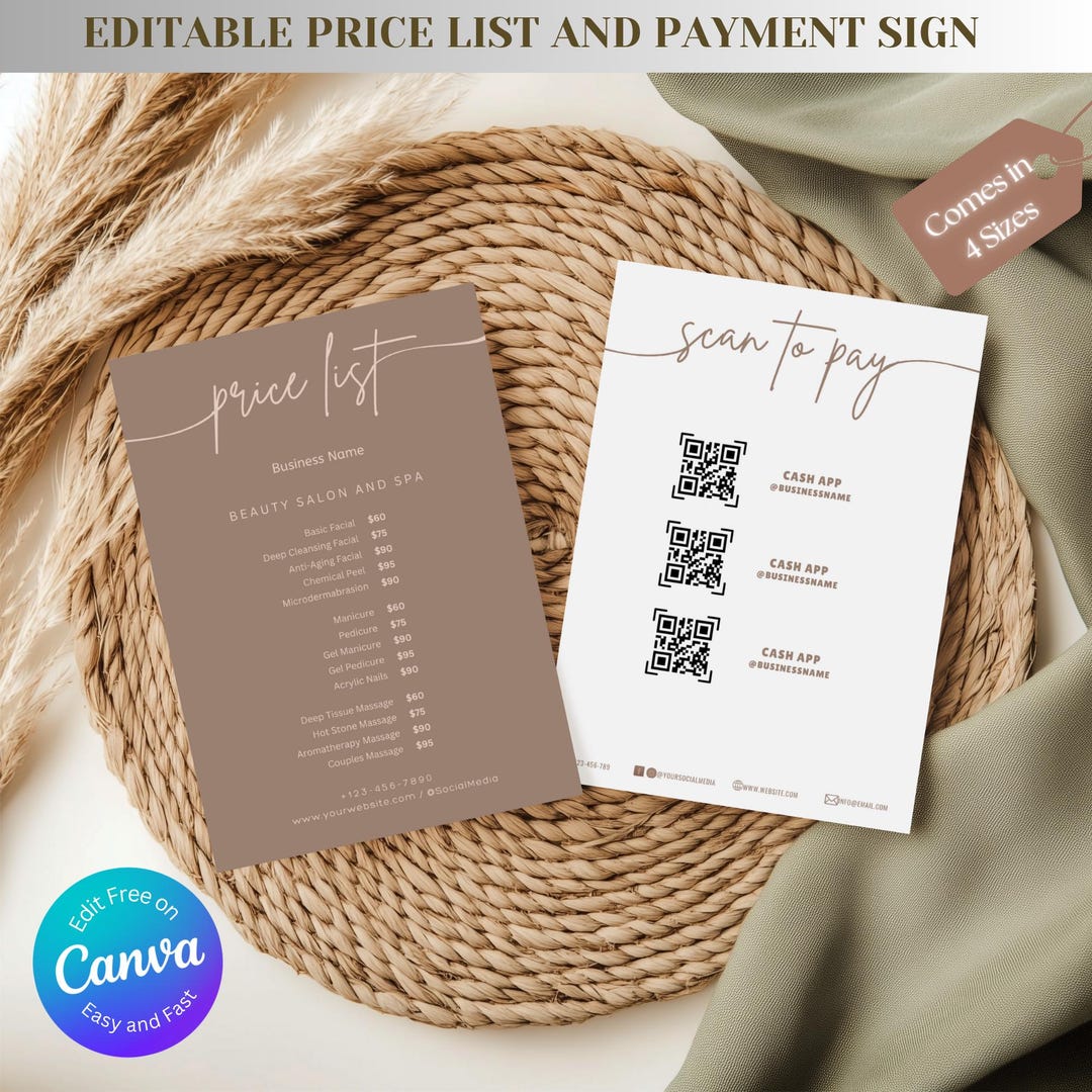 Editable Salon Service Menu With Payment QR Codes Neutral Minimalist ...