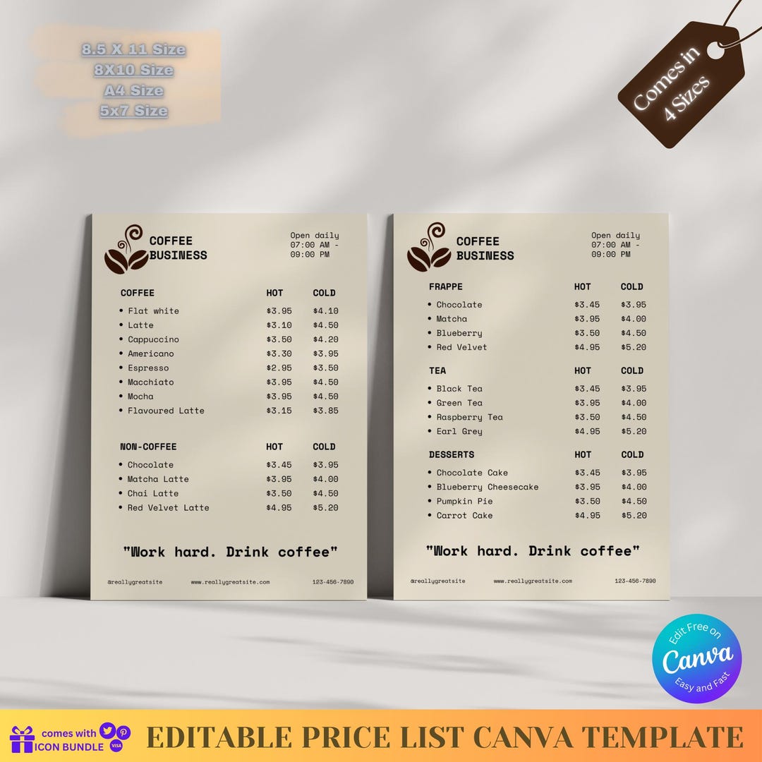 Printable Cafe Menu Board Template | Coffee Shop Price List (canva ...
