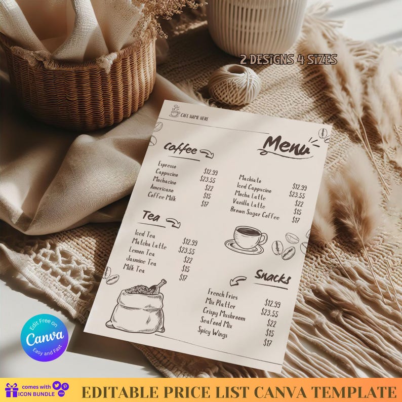 Editable Coffee Shop Menu Canva Template Modern Cafe Price List ...