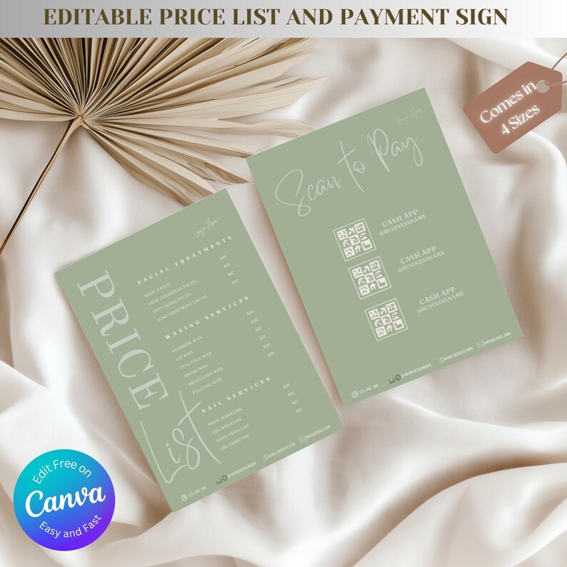 Green Salon Price List Template: Elegant Scan to Pay Canva Design - Etsy