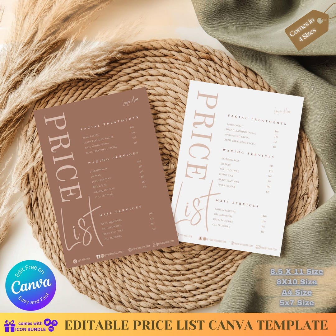 Spa Price List Template | Elegant Salon Service Sheet (canva, Instant ...