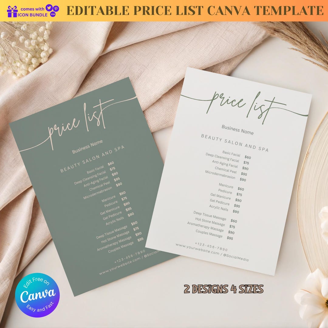 Editable Spa Price List Canva Template Minimalist Green Beauty Salon ...