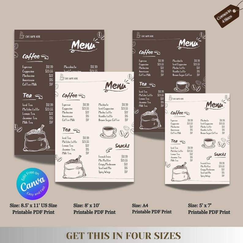 Editable Coffee Shop Menu Canva Template Modern Cafe Price List ...