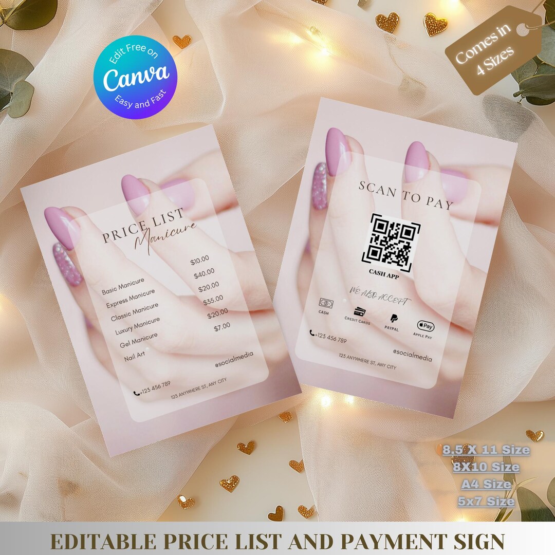 Nail Salon Price List Template, Editable Canva Menu (digital Download ...