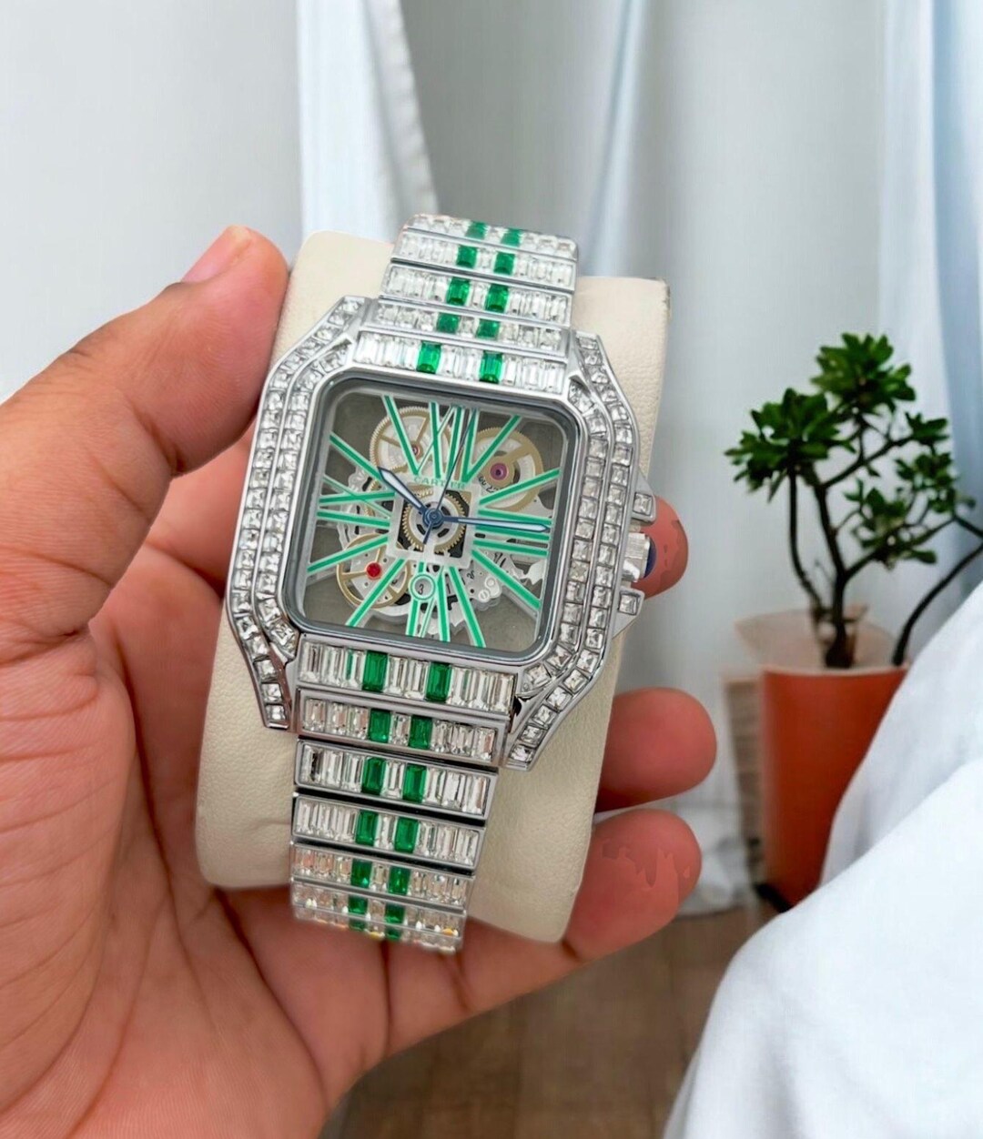 Iced Out Diamond Watch, Men's Green and White Begets Cut Diamond Watch ...