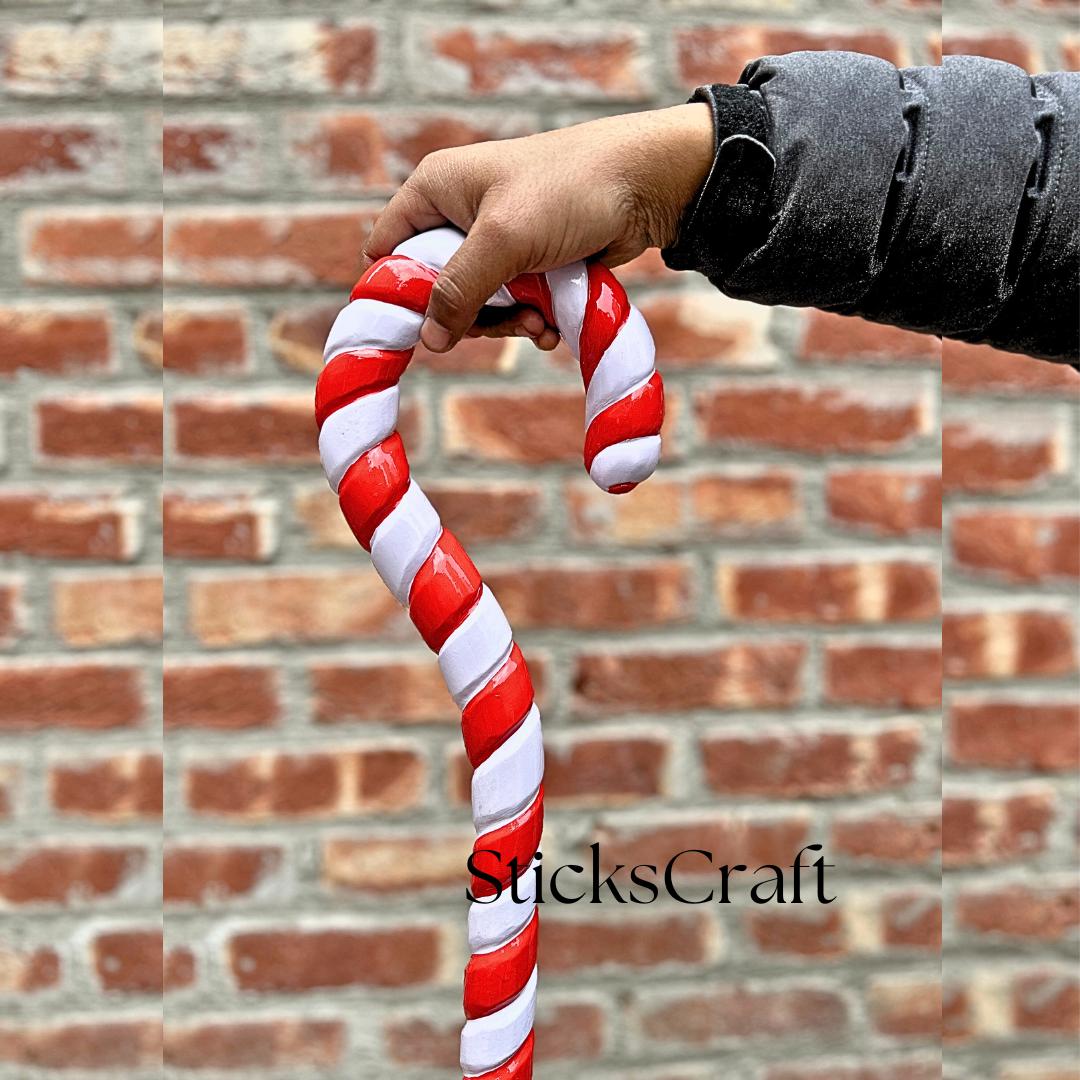 Candy Walking Stick Wooden Cane FANCY Christmas Style Hand Painted Red ...