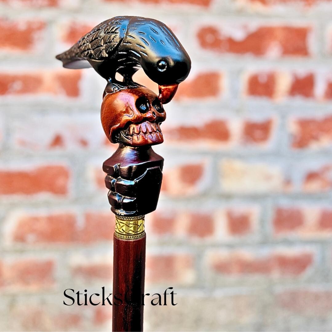 Skull Stick Crow Cane Wooden Walking Stick FANCY Carved Head Skull Crow ...