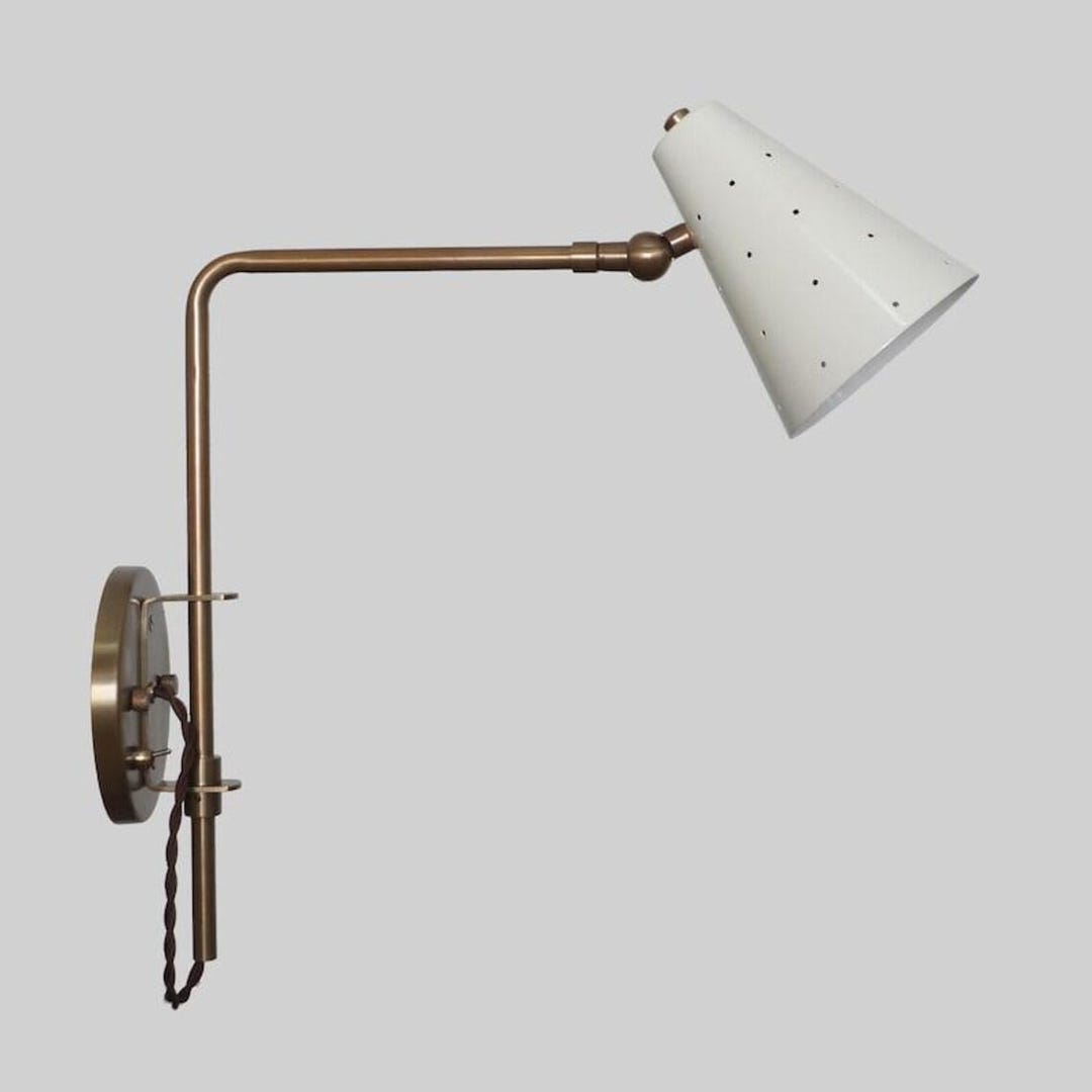 Modern Brass Wall Sconce Light, Adjustable Arm With White Metal Cone ...